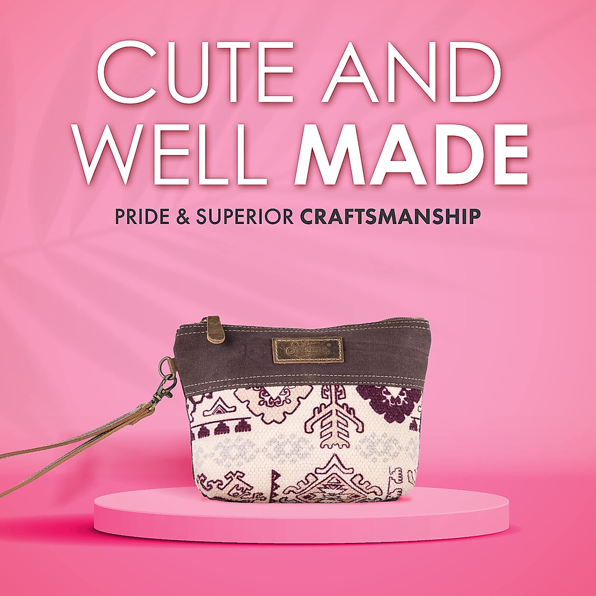 SIXTEASE Women's Fashion Wristlet Small Clutch With Wrist Strap - Vintage Style Zipper Made with Genuine Leather, Upcycled Canvas, Rug, or Hair On - Unique Designs, Hand Stitched - Iris