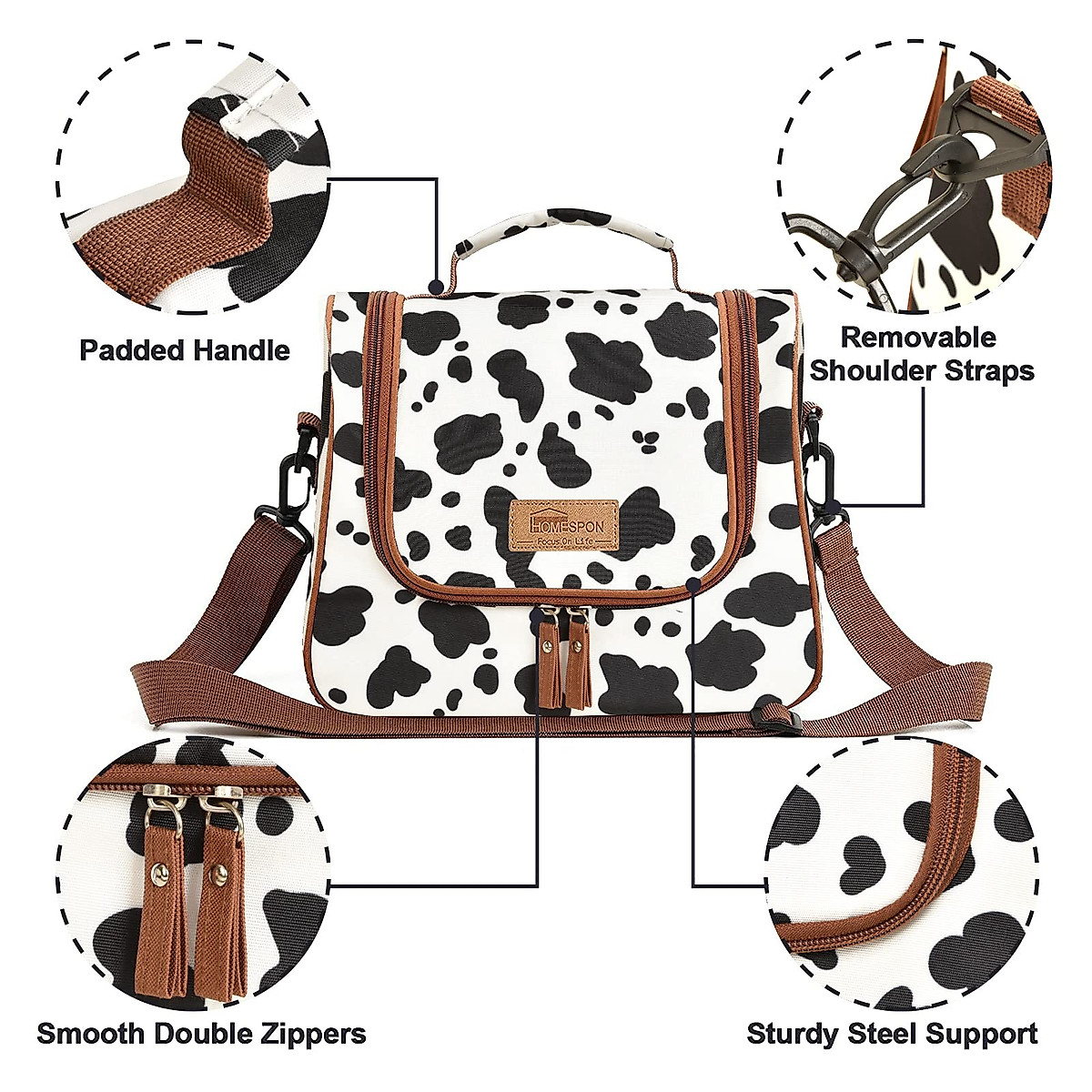 Buringer HOMESPON Insulated Lunch Bag Fashionable Cooler Tote Reusable Lunch Box Container with Shoulder Strap for Work Picnic or Travel (Cow)