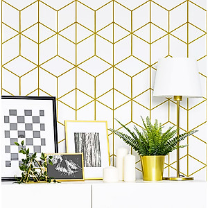 Peel and Stick Wallpaper Gold and White Contact Paper Geometric Wallpaper Self Adhesive Removable Wallpaper for Walls Covering Vinyl Rolls 118"x17.7"