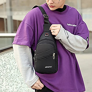 CENGNIAN Small Black Sling Crossbody Mini Backpack Shoulder Bag for Men Women, Lightweight One Strap Sling Bag for Hiking Walking Biking Travel Cycling, USB Charger