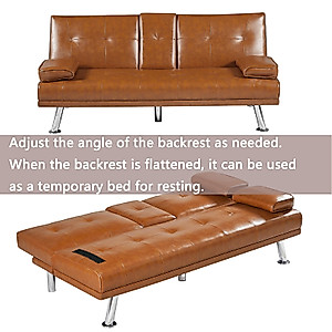Convertible Futon Couch Sofa Bed, Modern Sleeper Leather Sofa Bed with Adjustable Back and 2 Cup Holders, Folding Loveseat Daybed Guest Bed for Living Room, Apartment, Office (Tan)
