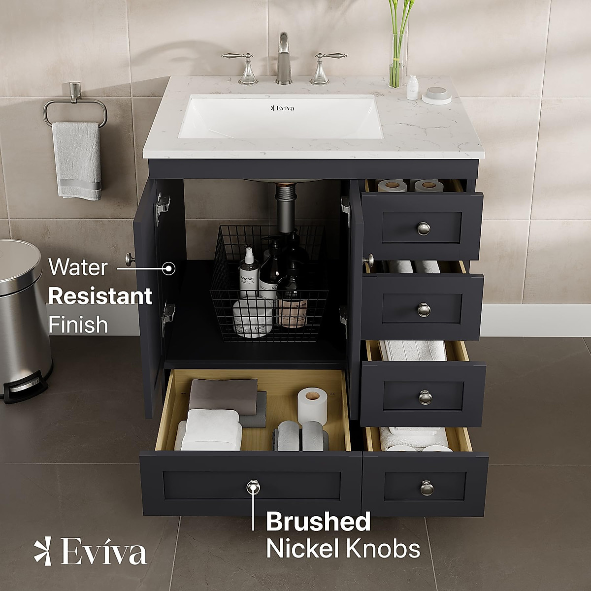 Eviva Acclaim 30 x 22 Inch Bathroom Sink Vanity Dark Grey Single Sink w/Carrara Quartz Top Modern Bathroom Vanity and Sink for Contemporary - Small Bathroom Sink Cabinet w/Soft Closing Drawers