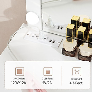 Quimoo Makeup Vanity Desk with Mirror & Lights, Vanity Desk with 4 Drawers & Power Outlet, Vanity Table with Open Storage Shelves, 3 Color Modes & Adjustable Brightness Dressing Table, Bedroom