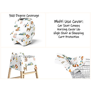 YayaTete Stretchy Multi Use Cover Woodland Animals Car Seat Canopy Nursing Breastfeeding Cover Up Shopping Grocery Cart High Chair Covering Baby Nursery Decor, White, Tan, Brown, One Size