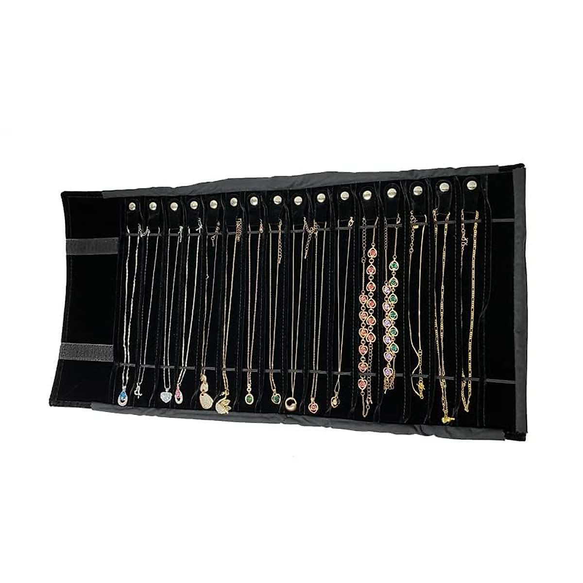 SCIKHEFT Portable Jewelry Roll Untangled Secure Necklace Travel Storage Bag Displays Holder 16 Chain (black PU and velvet)
