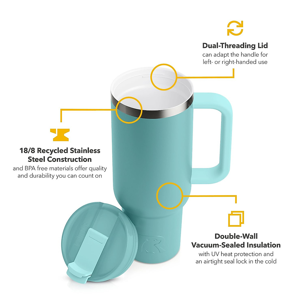 RTIC 40 oz Road Trip Tumbler Double-Walled Insulated Stainless Steel Portable Travel Coffee Mug Cup with Lid, Handle and Straw, Ceramic-Lined, Lagoon