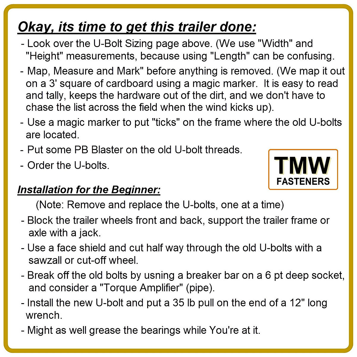 (4) Stainless Steel Square U-Bolts Boat Trailer 1/2" D x 3 1/16" W x 4 5/16" L (One Pack)