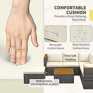 Outsunny Patio Wicker Furniture Set with Cushion, 7 Pieces Outdoor PE Rattan Sectional Sofa with Adjustable Backrest Seat Panel, Acacia Wood Accents, Metal Frame, White