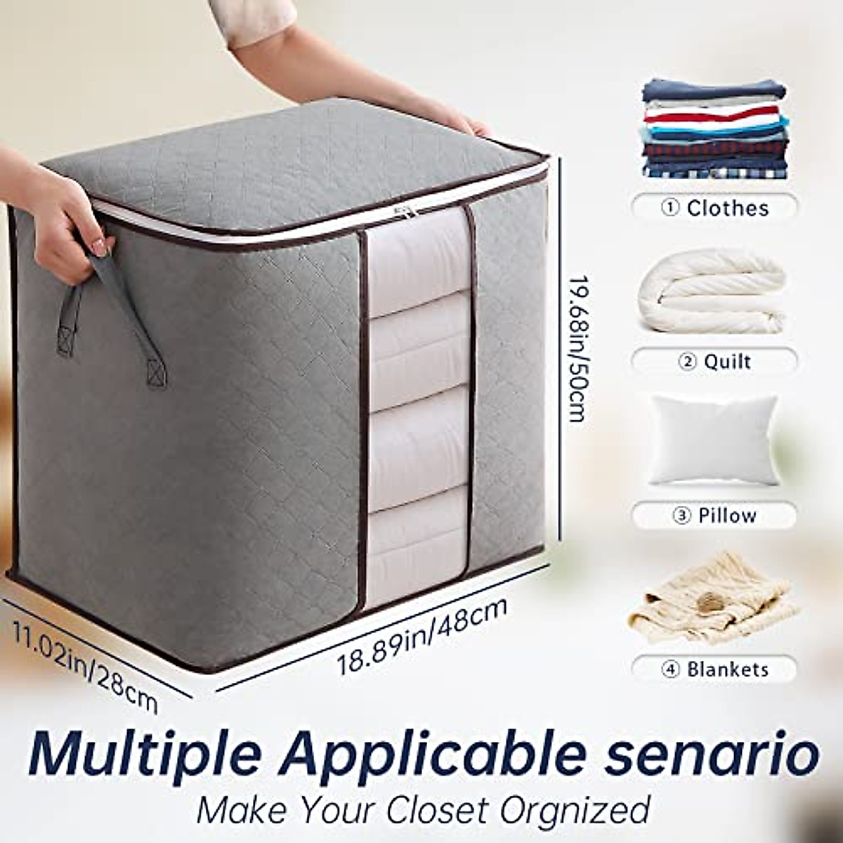 VIEWSHINE 6-Pack Large Capacity Clothes Storage Bags, Foldable Closet Organizer Storage Container with Clear Window, Sturdy Zipper and Reinforced Handle, Thick Fabric Storage Bags for Clothes, Comforters, Blankets, Quilts, Bedding and Toys, 90L, Grey