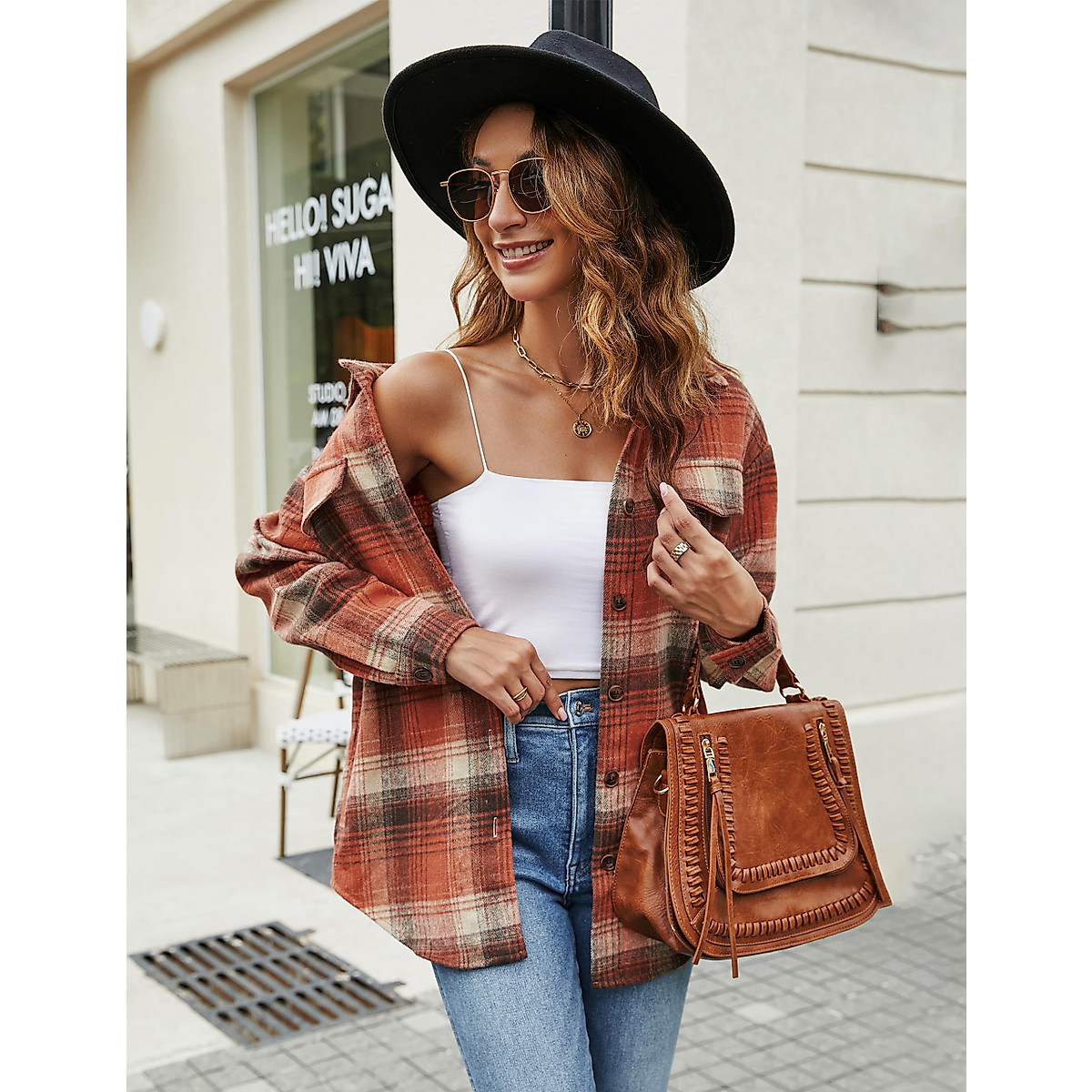 Blooming Jelly Flannel Shirts for Women Long Sleeve Plaid Shirt Shacket Jackets Fall Clothes 2023 (Small, Orange)