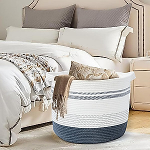Homify Blanket Basket 100% Cotton Rope Woven Baskets for Storage 22"x14" 90L XXX-Large Laundry Basket with Soft Handle Rope Basket for Living Room, Toy, Pillow & Clothes - Gray & White