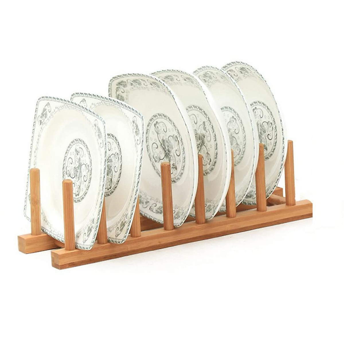 NONGSHAR 8-Slots Bamboo Wooden Plate Racks Dish Stand Holder Kitchen Storage Cabinet Organizer for Dish / Plate / Bowl / Cup / Pot Lid / Cutting Board (8 Slots-2 Pack, bamboo texture)