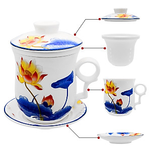 Ameolela Porcelain Tea Cup with Infuser Lid and Saucer Sets - Chinese Jingdezhen Ceramics Coffee Mug Teacup Loose Leaf Tea Brewing System for Home Office
