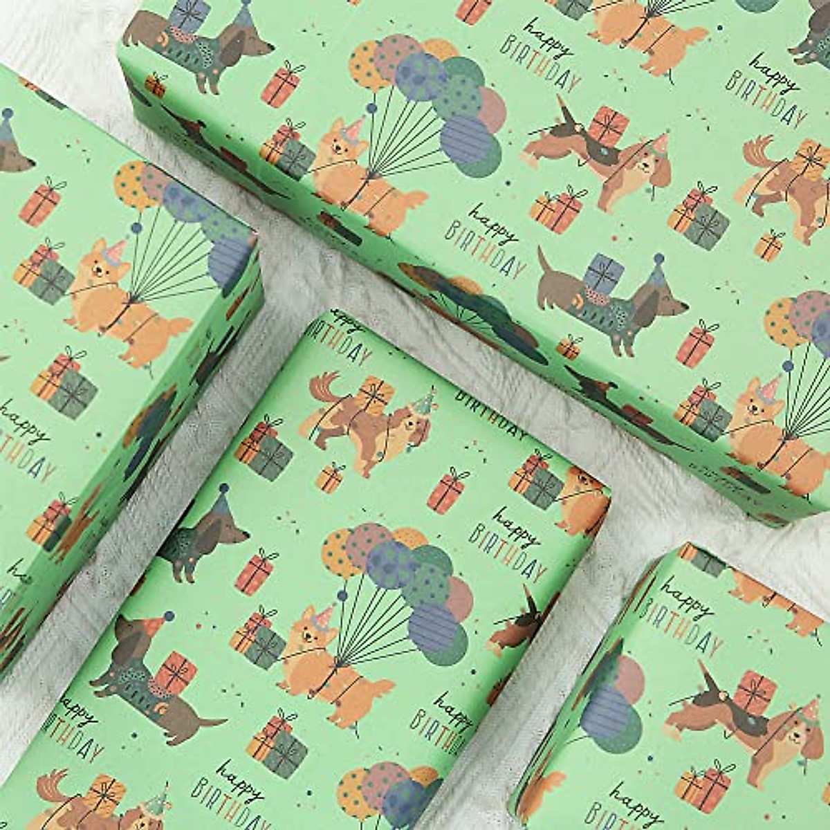 Apol Happy Birthday Dog Gift Wrapping Paper,Green Puppy Gift Wrap Paper 4 Folded Sheets Kraft Wrapping Paper for Kids Boys Girls Woman Man Dog Lover Baby Showers Party Gift Wrap Supplies,28 x 20 Inch