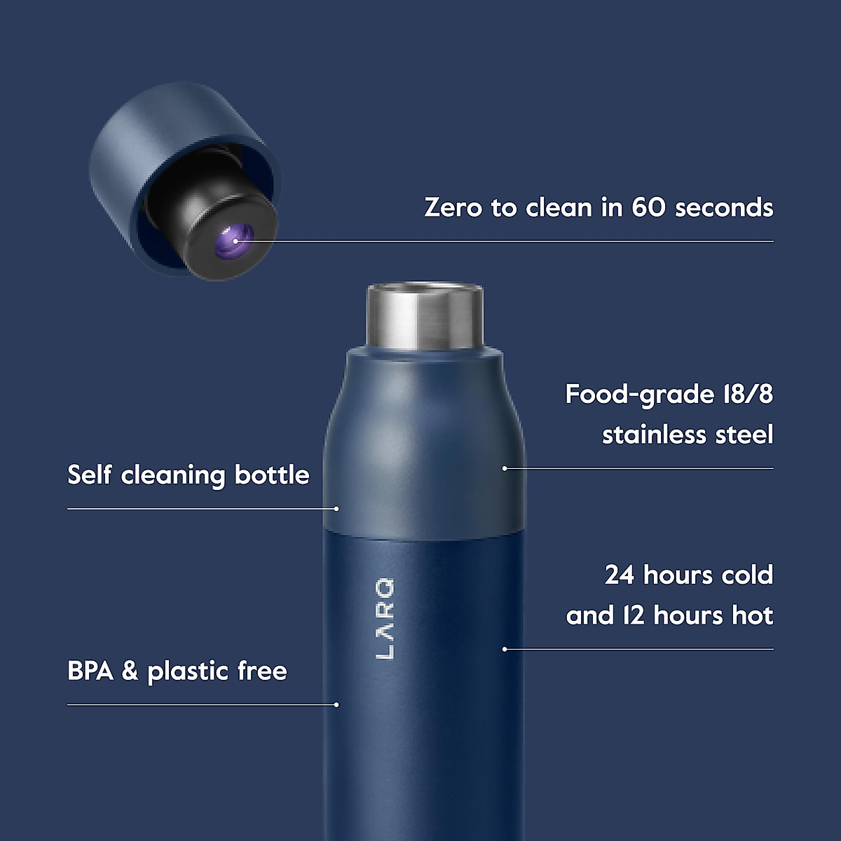 LARQ Bottle PureVis 25 oz - Self-Cleaning and Insulated Stainless Steel Water Bottle with UV Water Purifier and Award-winning Design | Reusable & Travel Friendly, 1-Year Warranty, Monaco Blue