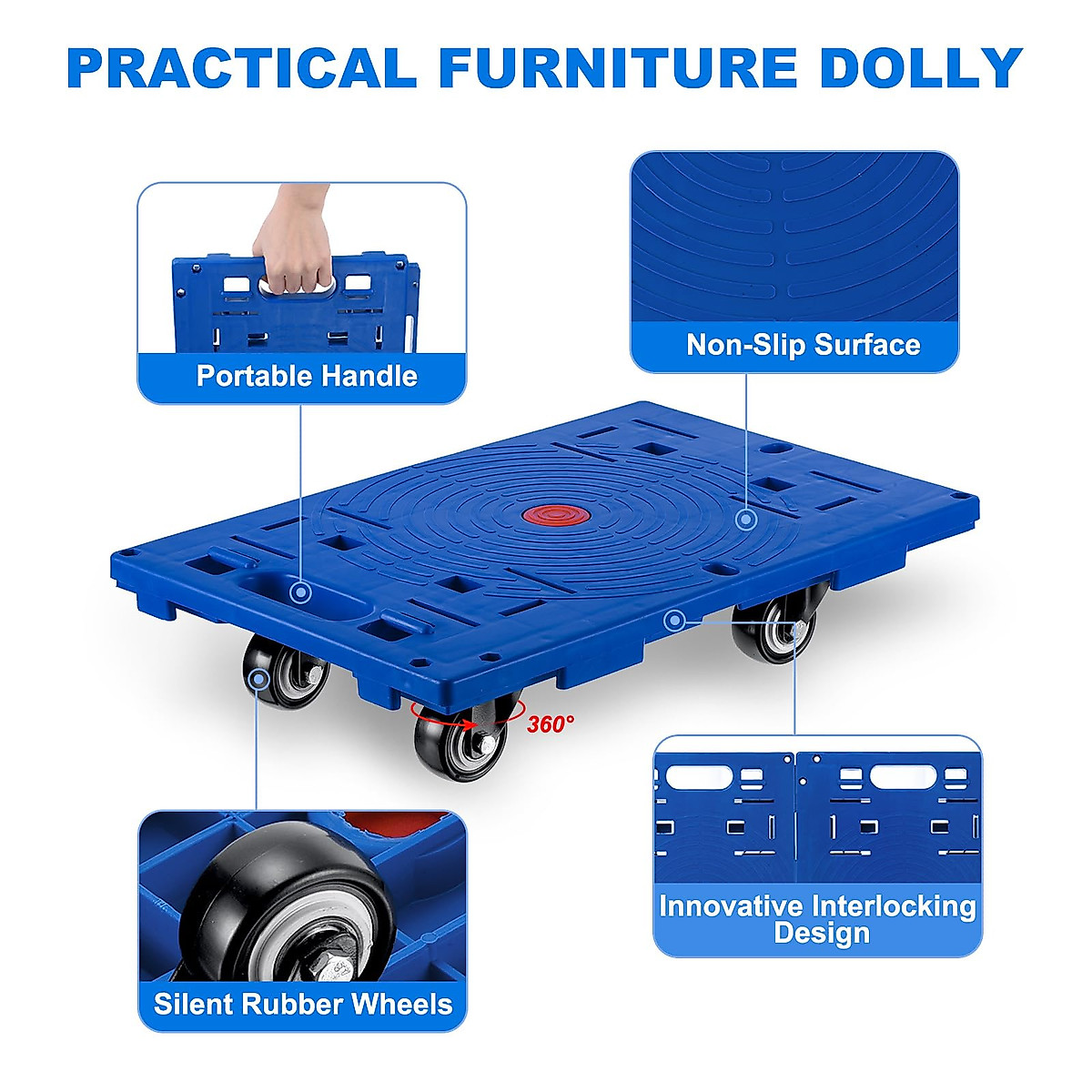 PATIKIL Furniture Dolly for Moving, 1 Pack Portable Small Flat Moving Dolly with 4 Wheels Furniture Movers Dolly for Heavy Furniture, 440 LBS Capacity, Blue
