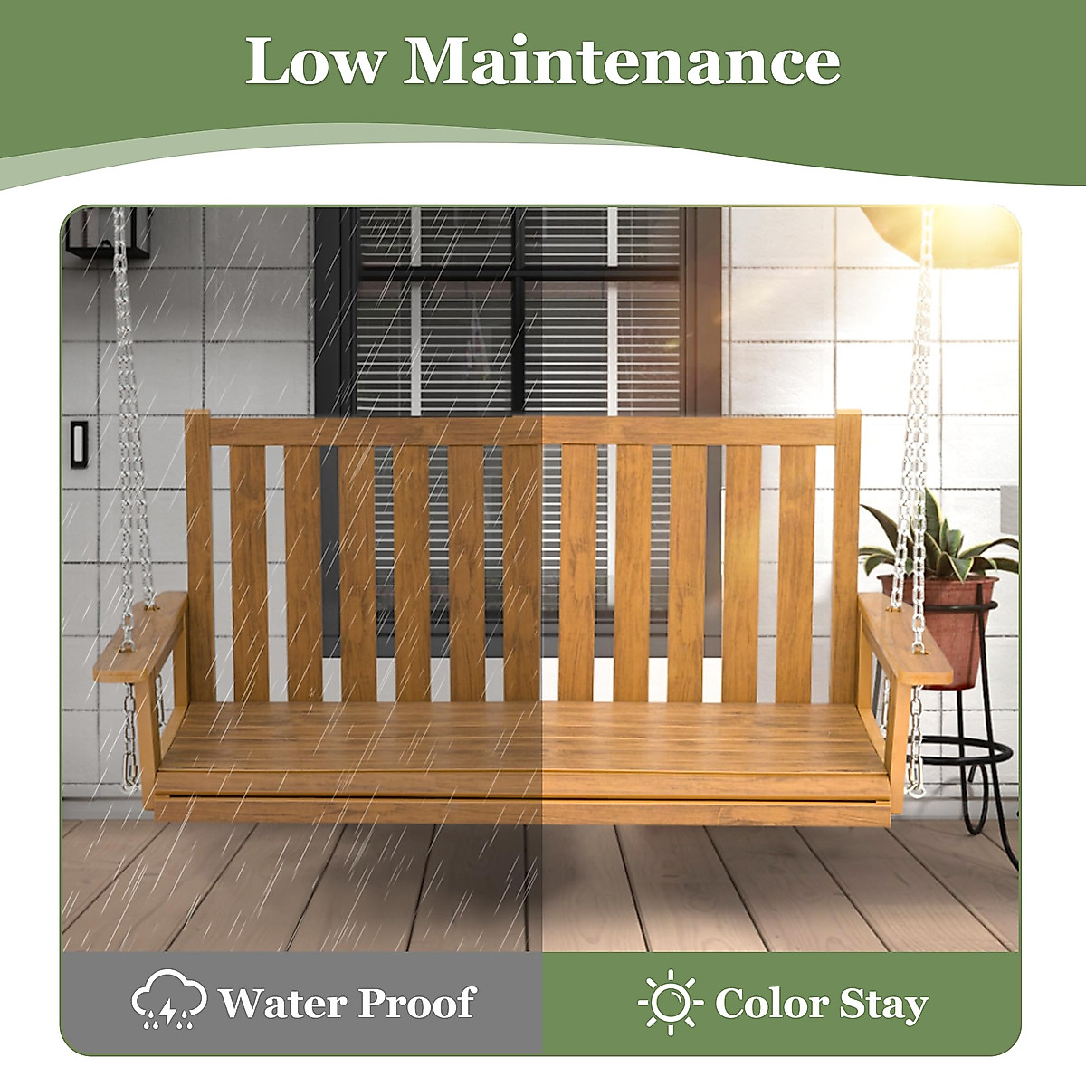 Poly Lumber Porch Swing with Cup Holders, 18/8 Stainless Steel Hanging Chains and Hardware, High Backrest and Deep Contoured Seat, Heavy Duty 900 LBS, All-Weather Resistant Bench Swing (Brown)