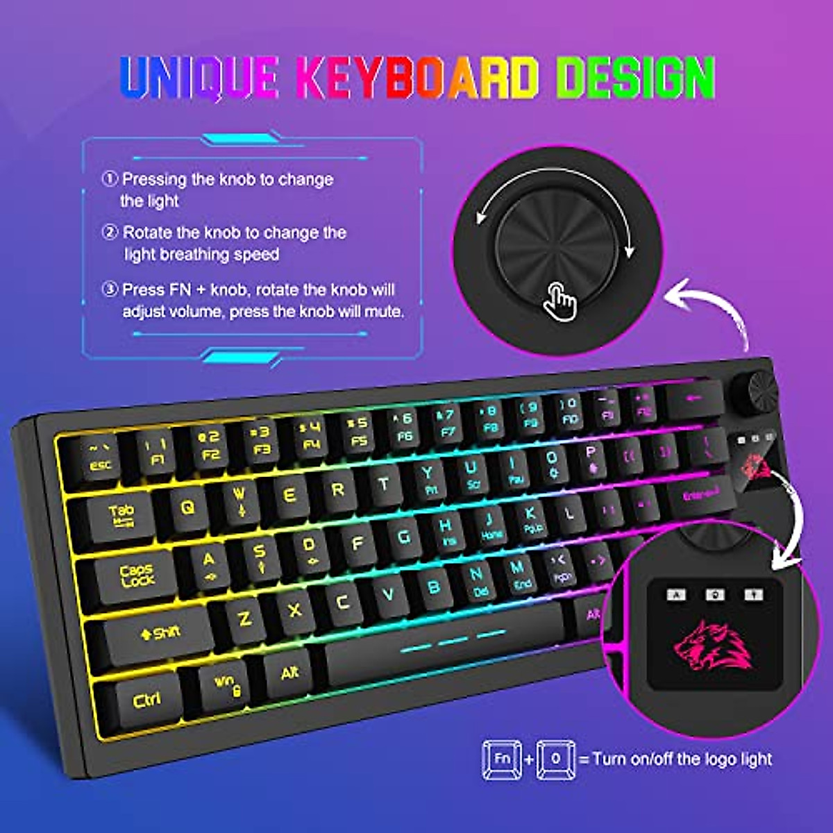 Wireless Gaming Keyboard and Mouse Combo,12 RGB Backlit with Rotary Knob,Long-Lasting Rechargeable Battery 4000mAh,N-Key Rollover,Quick and Quiet Typing Keyboard and Mouse for PC PS4 PS5(Black)