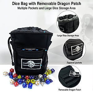 Luck Lab DND Drawstring Dice Bag with Removable Dragon Patch - Multiple Pockets and Large Dice Storage Area (200 + dice) for Dungeons and Dragons (d&d),RPG, MTG and All Table Top Gaming- Black