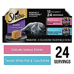 SHEBA PERFECT PORTIONS Cuts in Gravy Adult Wet Cat Food Trays (24 Count, 48 Servings), Delicate Salmon and Tender Whitefish & Tuna Entrée, Easy Peel Twin-Pack Trays