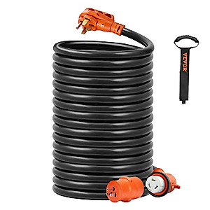 VEVOR 50 Feet RV Power Cord, 50 Amp, Heavy Duty STW 6/3 + 8/1 Generator Cord, NEMA 14-50P Male NEMA SS2-50R Female Plug, with LED Indicator Handle 15A Adapter, for RVs, ETL Listed