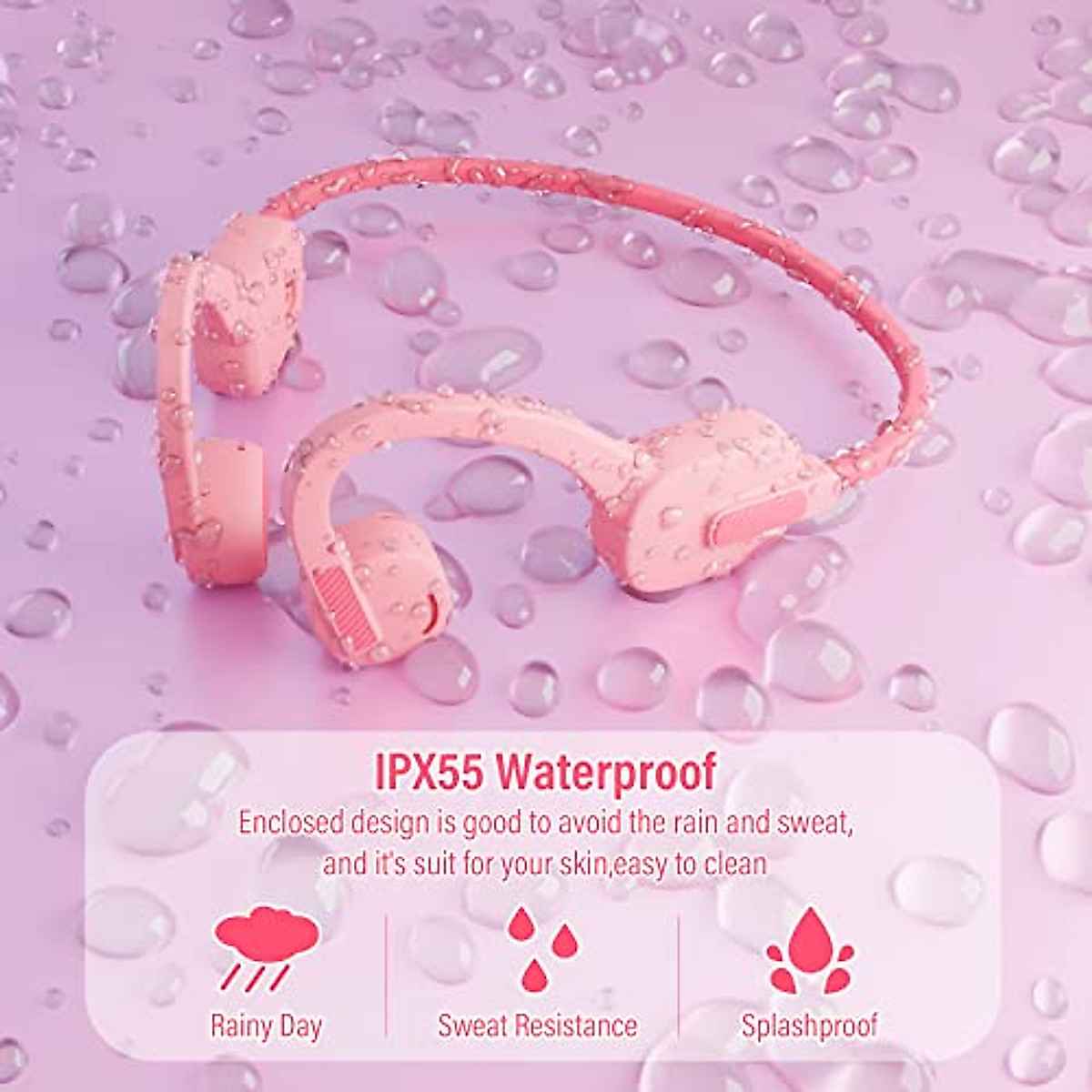 Yuanj Kids Wireless Bone Conduction Headphones, 5.2 Headphones for Kids Waterproof IPX5 Open Ear Headphones Sweat Splash Proof, Comes with 8G Memory 10 Hrs Music Play (Pink)