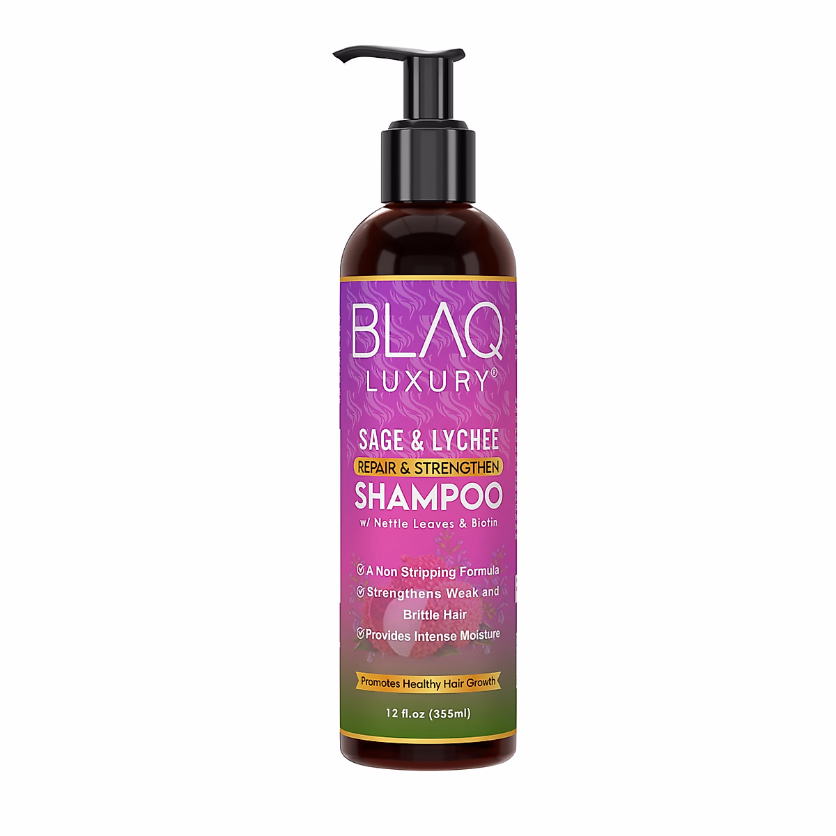 Blaq Luxury Sage & Lychee Repair and Strengthen Shampoo - Infused with Biotin and Nettle - Sulfate-Free Formula for All Hair Types - Promotes Hair Repair, Growth, and Scalp Health - 12 fl oz