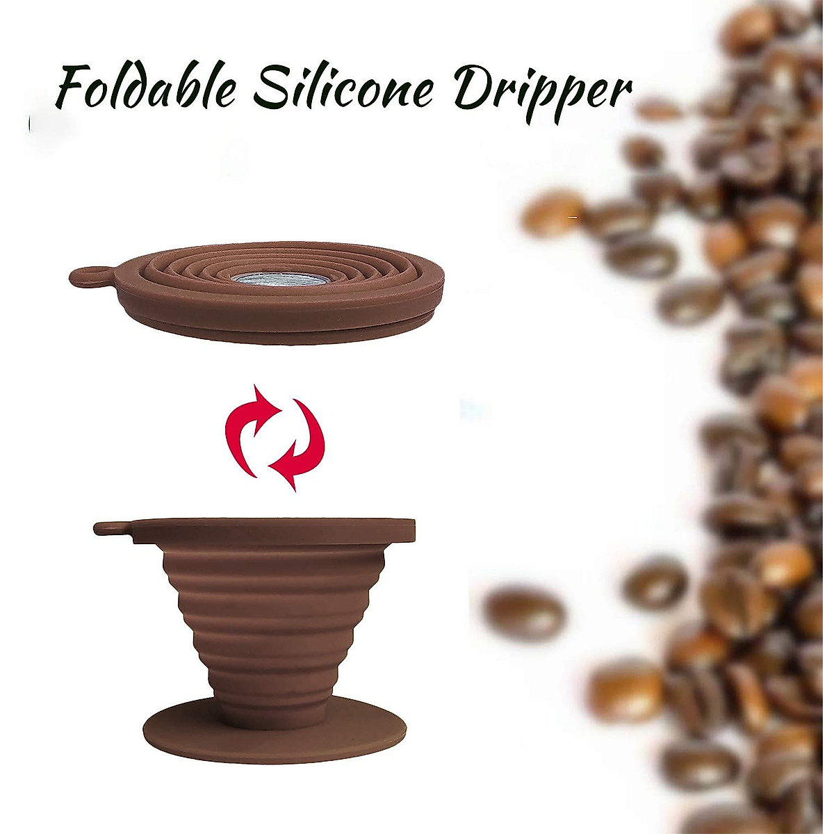 Collapsible Coffee Dripper Pour Over Coffee Filter, Silicone Reusable Coffee Maker,Paperless Coffee Brew Maker,Dishwasher Safe,Carabineer for Hiking, Backpacking,Camping,Home,Office(Brown)