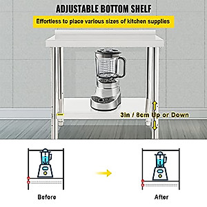 VEVOR Stainless Steel Prep Table, 36 x 24 x 35 Inch, 440lbs Load Capacity Heavy Duty Metal Worktable with Backsplash and Adjustable Undershelf, Commercial Workstation for Kitchen Restaurant