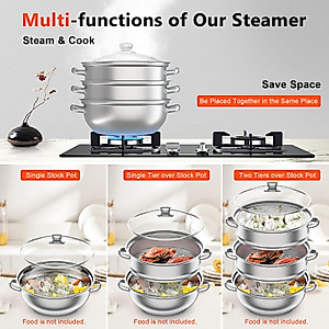 11Inch Steamer for Cooking, Stainless Steel Food Steamer Basket 3 Tier Vegetable Steamer Pot, Kitchen Steamer Cooker with Lid and Handle