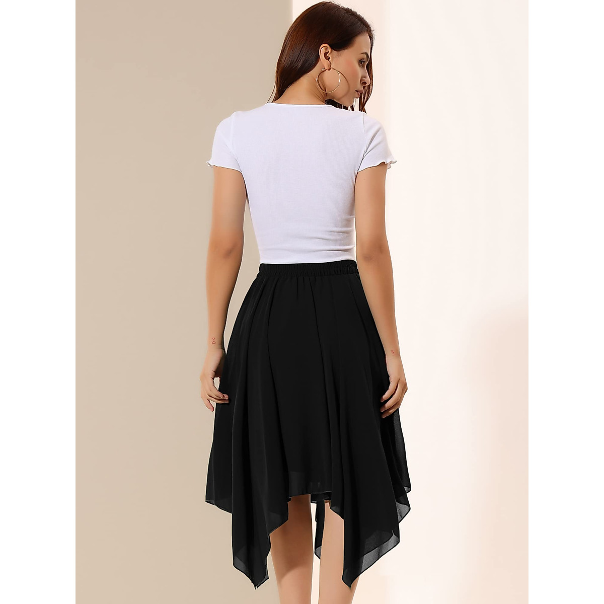 Allegra K Women's Elastic Waist Chiffon Handkerchief Hem Midi Skirt Medium Black