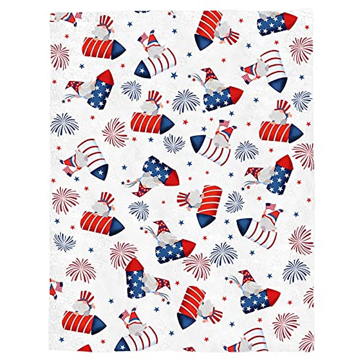 July 4th American Flag Throw Blanket Flannel Fleece, Soft Plush Cozy Baby Blankets, Blue Red Fireworks Gnome Blankets Throws Warn Fuzzy Blanket for Couch/Sofa/Chair/Travel 40"x50"