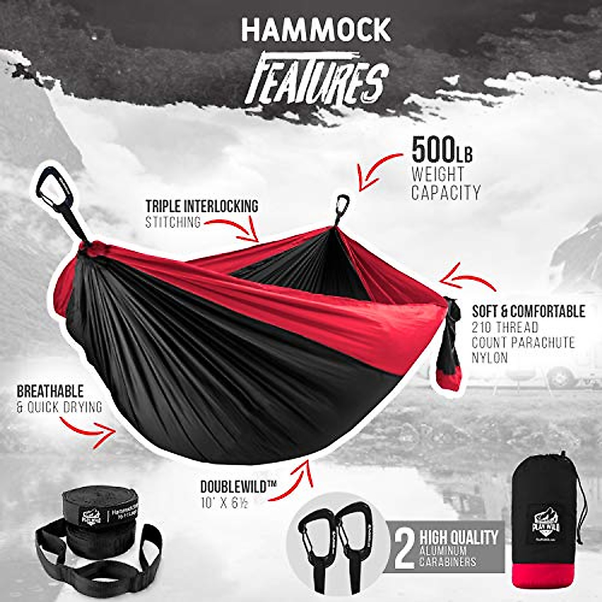 Double Hammock for Camping, Travel and Hiking - 2 Person Outdoor Hammock - Lightweight & Portable Yet Heavy Duty with Straps Included for Easy Hanging from Trees - Great Camping Gifts for Men & Women