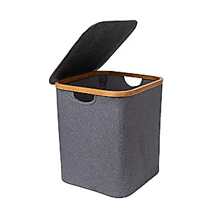 Square Foldable Bamboo Frame Laundry Hamper with Lid, Dirty Clothes Basket, Laundry Room Clothes Organizer 13"x13"x15"