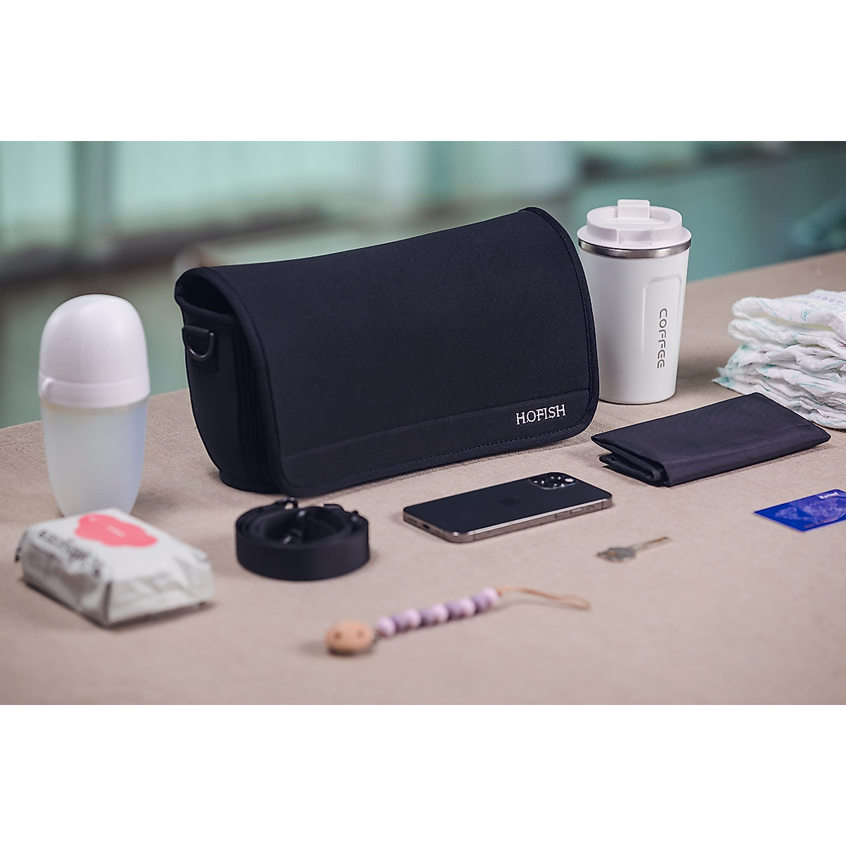 HOFISH Universal Stroller Organizer with Cup Holder, Neoprene Material Diaper Storage, Secure Straps,Pockets for Phone, Keys,Compact Design Fit Most Strollers (ST01B)