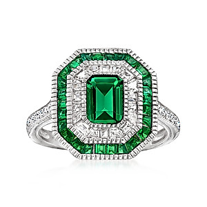 Ross-Simons 2.00 ct. t.w. Simulated Emerald and .77 ct. t.w. CZ Ring in Sterling Silver. Size 8