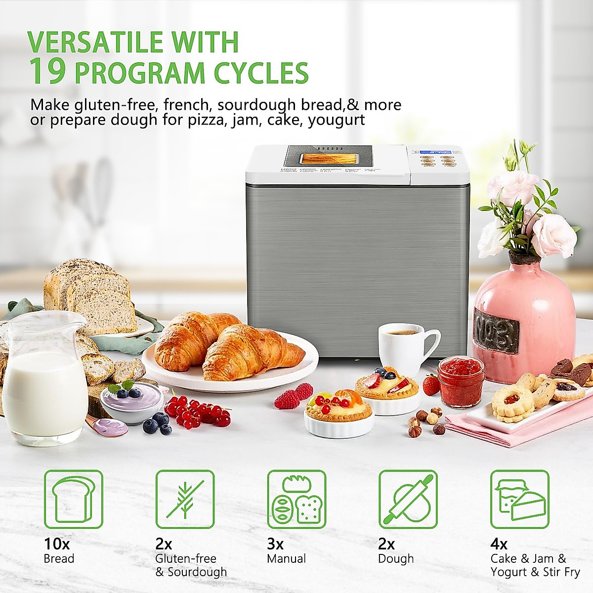 KEEPEEZ Bread Machine Dual-Heaters, 19-in-1 Horizontal Bread Maker, Gluten Free, Sourdough, Pizza Dough, Jam, Stir-Fry Setting, Stainless Steel, 2LB Loaf, 3 Crust Colors, Nonstick Pan, Auto Keep Warm…