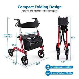Rollator Walkers for Seniors- Rollator Walker with Seat 8" Wheels- Easy Folding Senior Walker with Padded Backrest- Lightweight Mobility Walking Aid for Adult Elderly, Aluminum Frame, Red