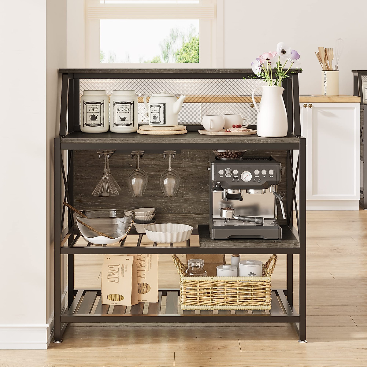 Bestier Bar Table with Storage Coffee Bar Cabinets for Liquor and Glasses, Wine Rack Freestanding Floor with Glass Holder for Home Kitchen Dining Room Basement, Gray