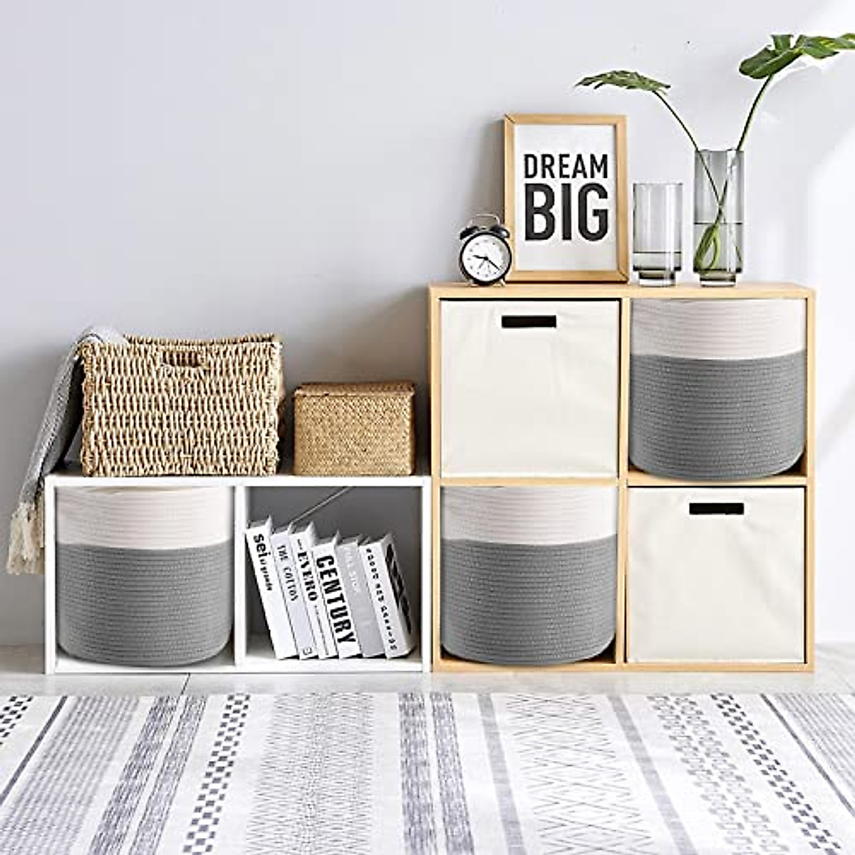 Lamberia 3 Packs Woven Storage Basket Bins 11x11 Laundry Basket Cube Organizer Storage Bins Woven Basket Cotton Rope Bin Storage Baskets for Organizing Toys Laundry Blanket Nursery Storage (Light