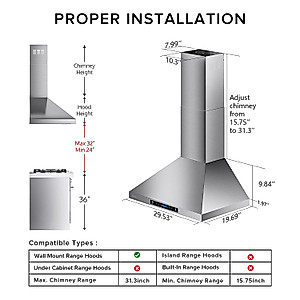 HisoHu Wall Mount Range Hood 30 Inch,Ductless/Ducted Convertible, 780 CFM Kitchen Vent Hood, Aluminum Mesh Filter,4 Speed Gesture Sensing&Touch Control Panel, Stainless Steel Kitchen Vent