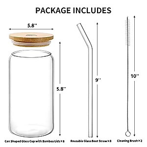 Drinking Glasses with Bamboo Lids and Glass Straw 8pcs Set, 16oz Beer Glasses Glass Cups, Iced Coffee Glasses, Ideal for Whiskey, Soda, Tea, Great Gift + 2 Cleaning Brushes