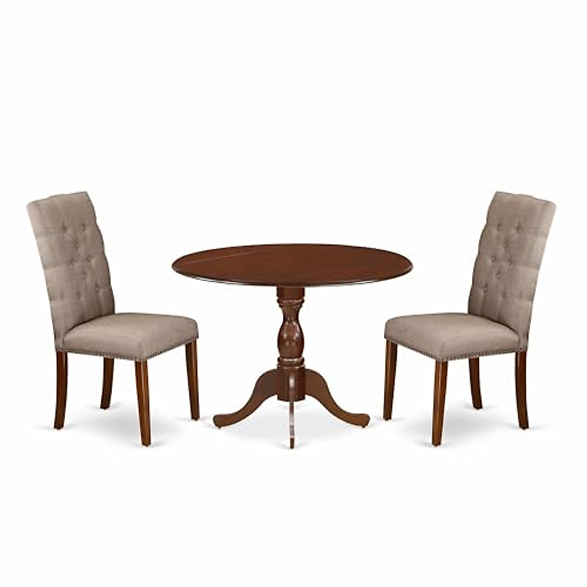 East West Furniture DMEL3-MAH-16 3 Piece Kitchen Table Set Contains a Round Dining Room Table with Dropleaf and 2 Dark Khaki Linen Fabric Upholstered Chairs, 42x42 Inch, Mahogany