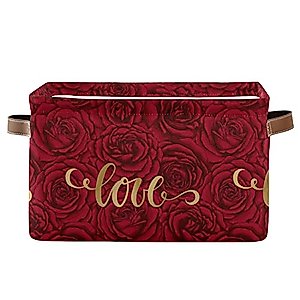 senya Valentine's Day Storage Basket, Large Foldable Storage Basket with Handles, Love on Romantic Rose Fabric Collapsible Storage Bins Organizer Bag for Storage
