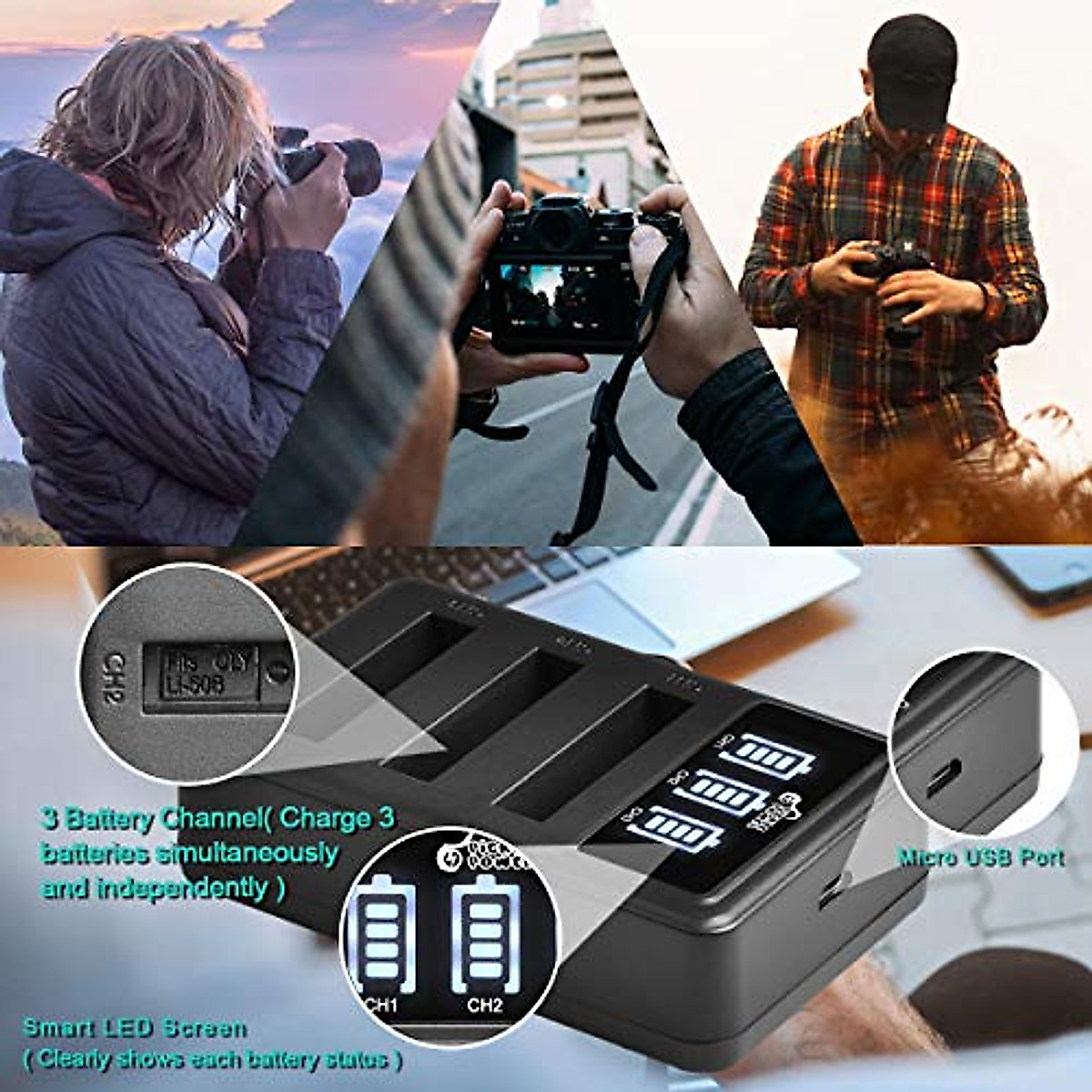 Pickle Power 3 Pack Li-50B D-LI92 Batteries and 3 Channel LED Battery Charger Replacement for Olympus Stylus Tough 6020 8000 8010 and Stylus 1020 1030 9000 SP-720UZ SZ-10 SZ-11 SZ-12 SZ-15 SZ-16 SZ-20