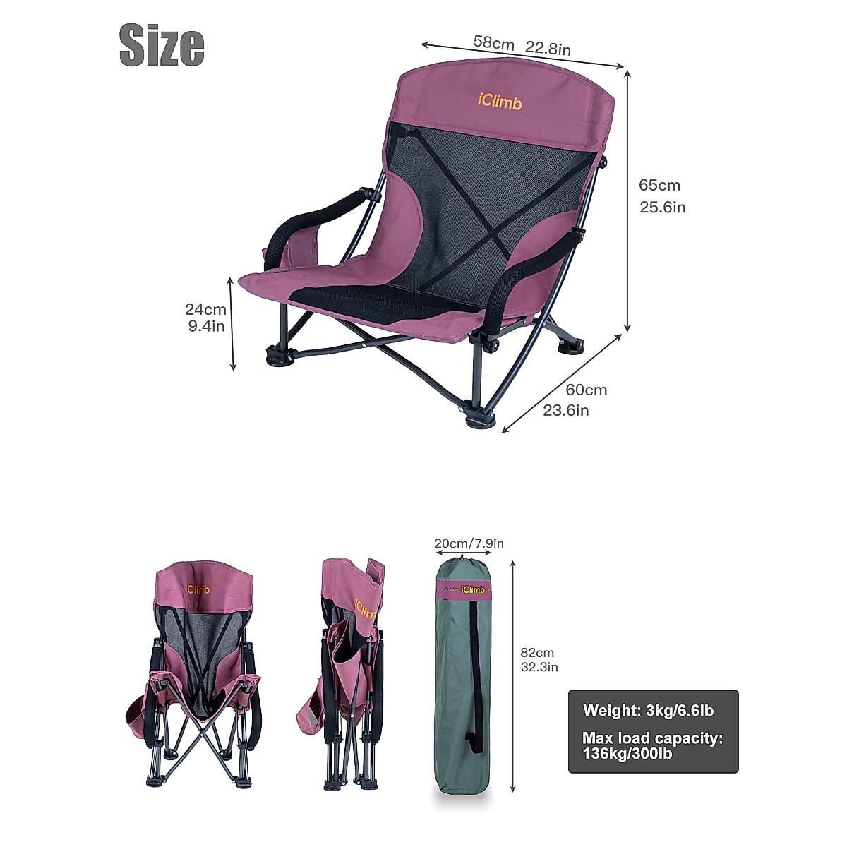 iClimb Low Wide Beach Camping Folding Chair with Side Pocket and Carry Bag (1, Dry Rose)