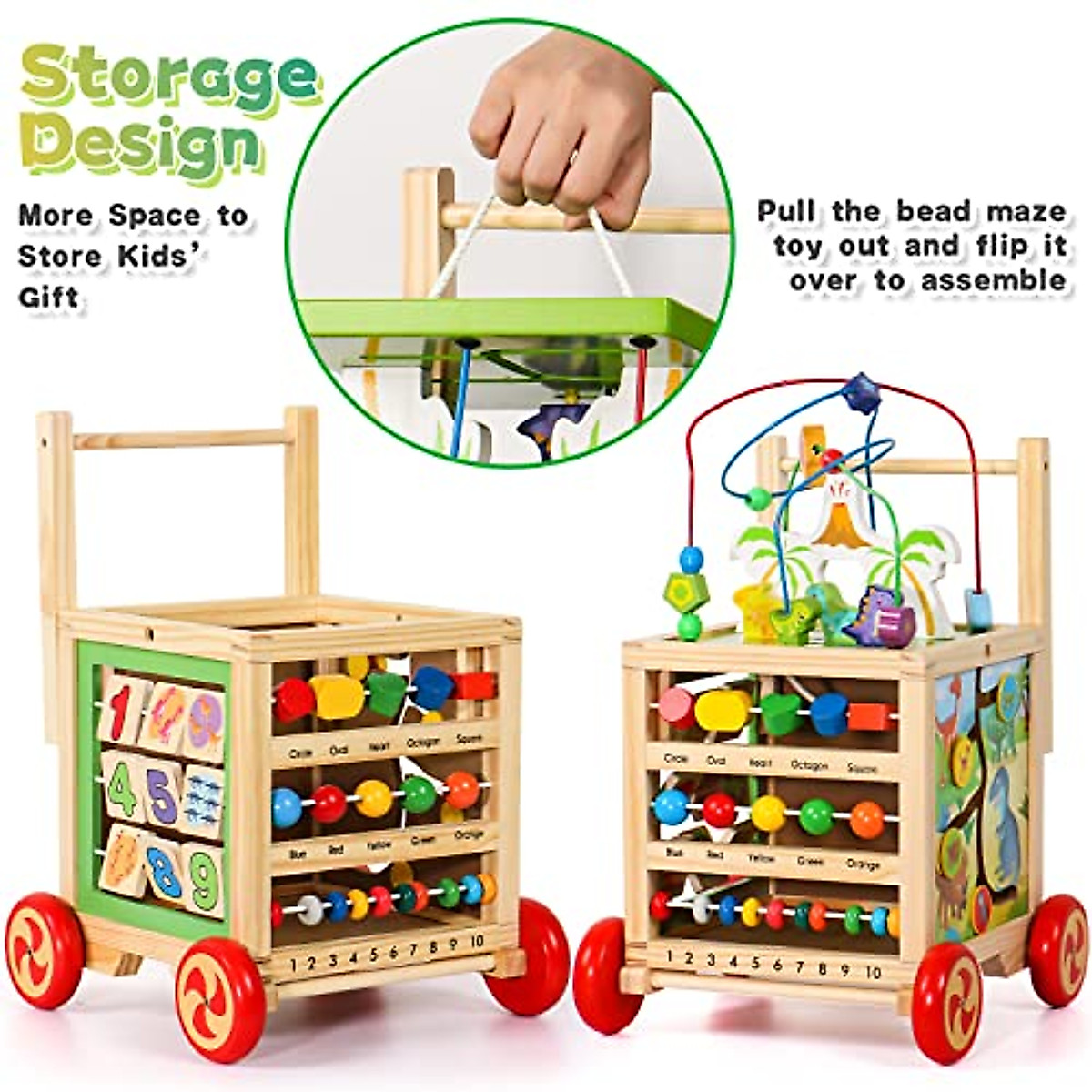 Baby Walker Toys for 1 Year Old Boy Girl Montessori Toys for 1 2 3 Year Old 6 in 1 Baby Activity and Activity Center Wooden Toys Walker with Wheels Activity Cube Table Infant Baby Toys 12-18 Months
