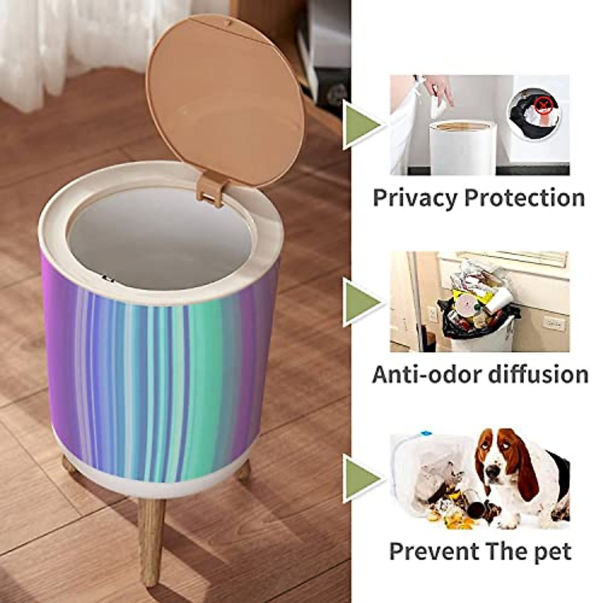 IBPNKFAZ89 Small Trash Can with Lid Holographic Iridescent Surface Wrinkled foil Abstract foil 80s Texture Garbage Bin Wood Waste Bin Press Cover Round Wastebasket for Bathroom Bedroom Office Kitchen