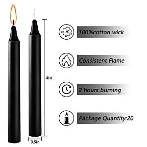 20 pcs Unscented Black Mini Taper Candle, 4 Inch Tall x 1/2 Inch Diameter, Great for Casting Chimes, Rituals, Spells, Vigil, Witchcraft, Wiccan Supplies, Wax Play & More…