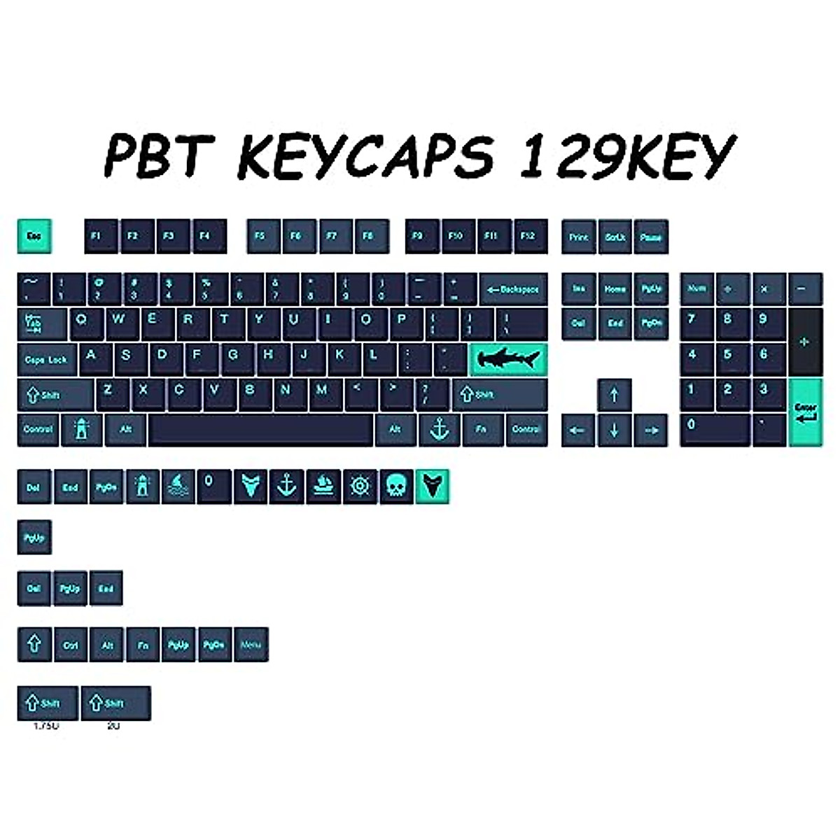 GEKUCAP Custom Keycaps, 129 Keys Dark Blue Keycaps, Dye Sublimation PBT Key Caps, Cherry Profile Keycaps Hammerhead Shark English Set for Cherry MX Gateron Kailh Switches Mechanical Keyboards